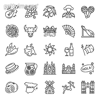 Spain, icon set. Spanish traditional holidays, landmark, clothing ...