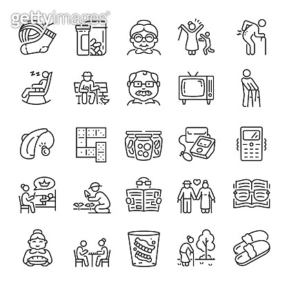 Old age, icon set. Grandfather and grandmother. Advanced age, linear ...