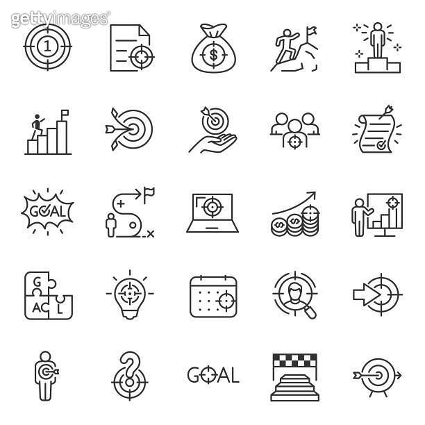 Goal, icon set. Achieving success and goals. Target, aim, linear icons ...