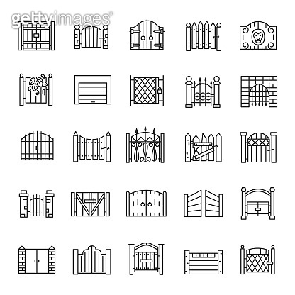 Gate, linear icon set. Gateway made of wood, iron, stone, brick. big ...