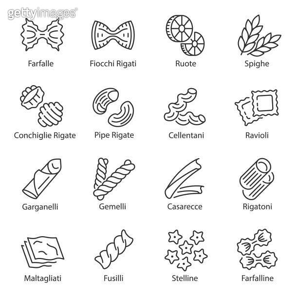 Pasta, icon set. macaroni various shapes with the name, linear icons ...