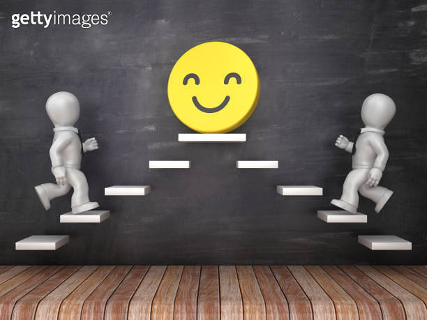 Business Characters on Steps with Happy Emoticon on Chalkboard - 3D ...