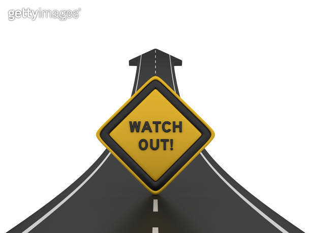 Road Arrow with WATCH OUT! Road Sign - 3D Rendering (1207128028) - 게티이미지뱅크