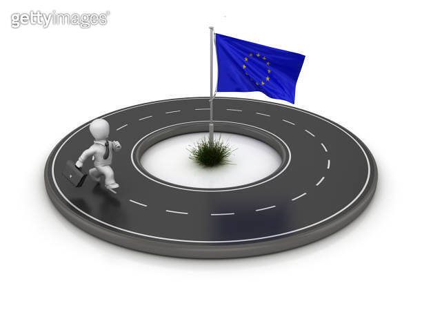 EUROPEAN UNION Flag on Circular Road with Business Character - 3D ...