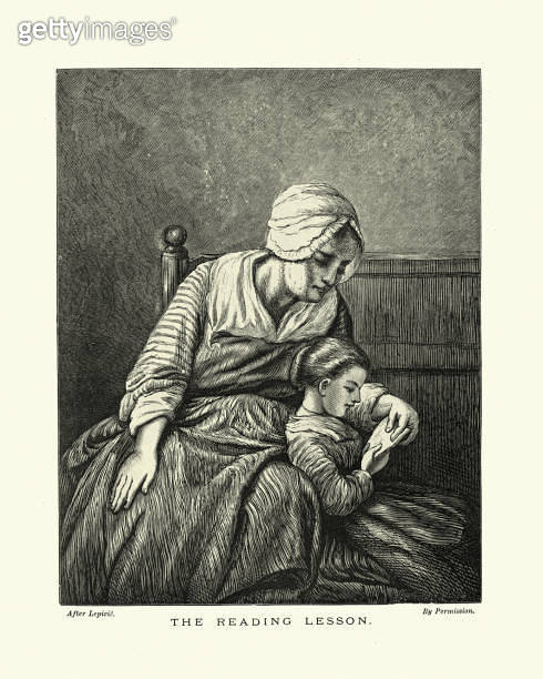 The reading lesson, mother teaching her daughter to read, Victorian ...
