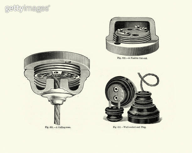 Victorian electrical lighting fittings, ceiling rose, wall socket and ...