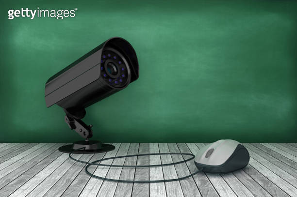 Security Camera with Computer Mouse on Chalkboard - 3D Rendering ...