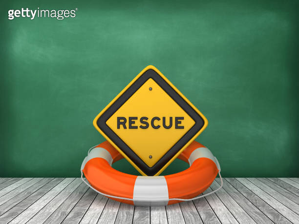 Life Belt with RESCUE Road Sign on Wood Floor - Chalkboard Background ...