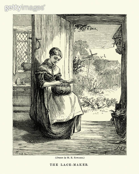 Lace-maker, Woman making lace in doorway of her home, Victorian 이미지 ...