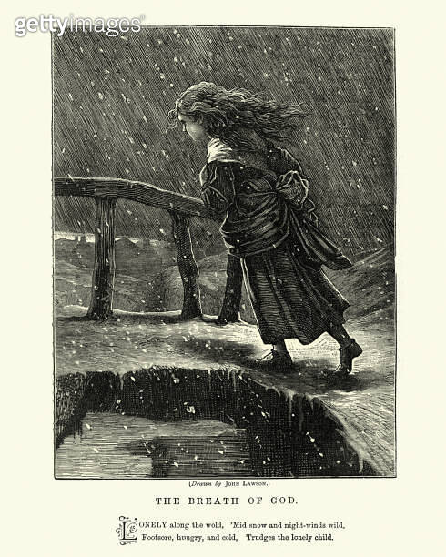 Girl walking lost in a winter snow storm, Victorian, 1870s 이미지 ...