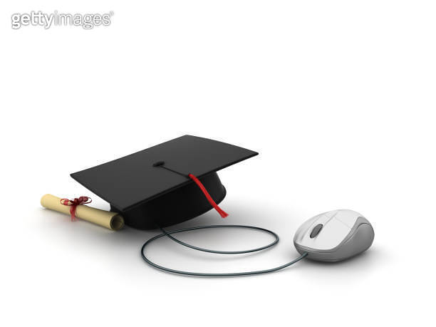 Graduation Cap and Diploma with Computer Mouse on Chalkboard - 3D ...