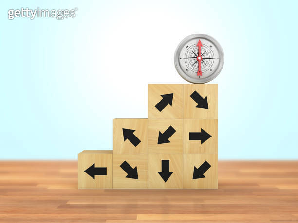 Wood Blocks with Arrows and Compass on Top - 3D Rendering (1250434064 ...