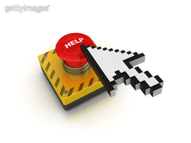 HELP Push Button with Mouse Pointer - 3D Rendering (1215593812) - 게티이미지뱅크