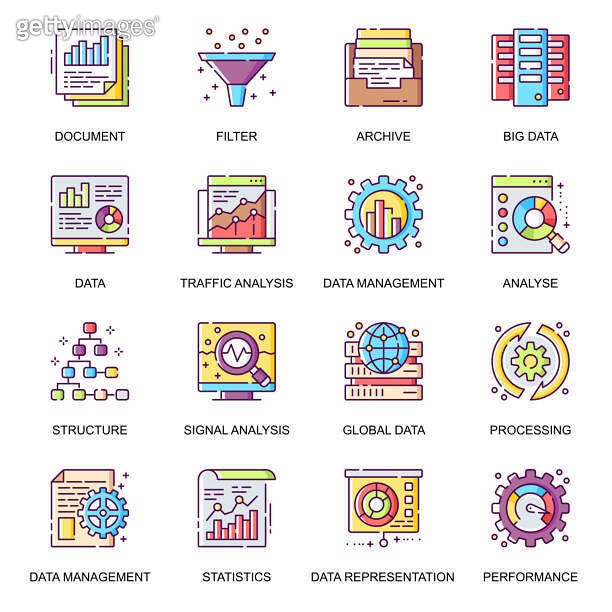 Data analysis icons set in flat style. Traffic and signal analysis, big ...