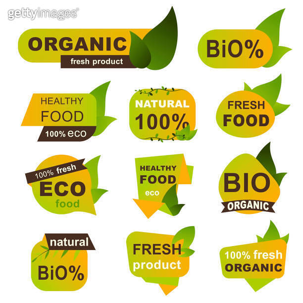 Organic food badges set. Natural eco fresh food, bio products and ...