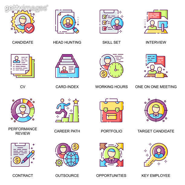 Headhunting icons set in flat style. Candidate interview, one on one ...
