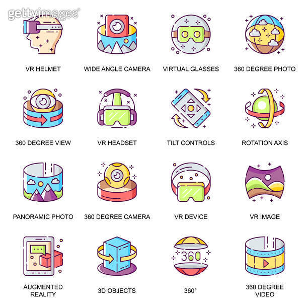 Virtual reality icons set in flat style. Wide angle camera, VR headset ...