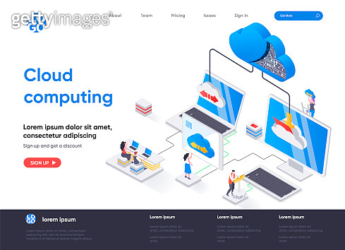 Cloud computing isometric landing page. Hosting platform, big data processing, cloud database ...