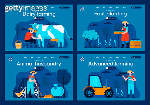 Natural farming flat landing pages set. Farmers planting and watering ...