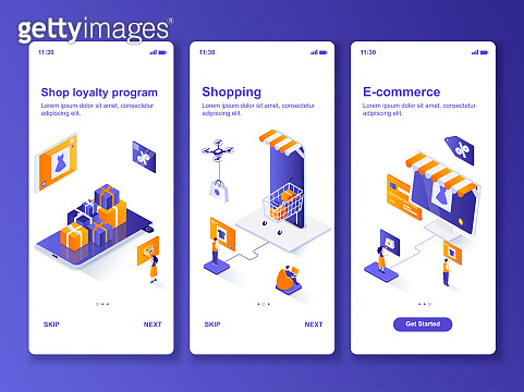 Online shopping isometric GUI design kit. Shop loyalty program, e ...