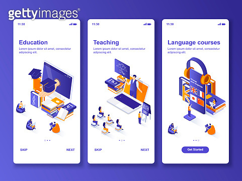 Language courses isometric GUI design kit. Distance education, online ...