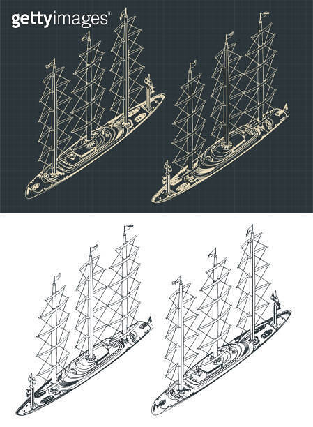 Large modern sailing ship isometric drawings with the sails down ...
