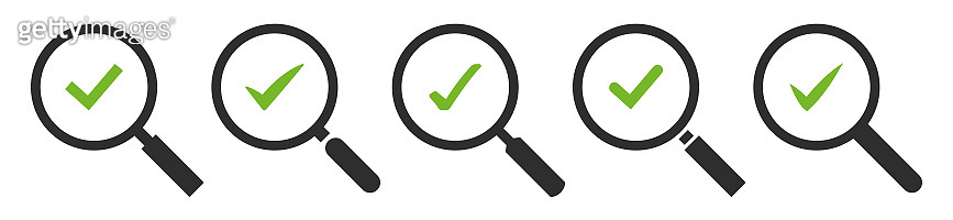 Magnifying glass and green check mark vector icon set. Magnifier with ...