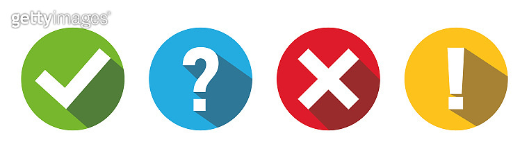 Check mark, cross and exclamation icons vector. Set colored flat ...