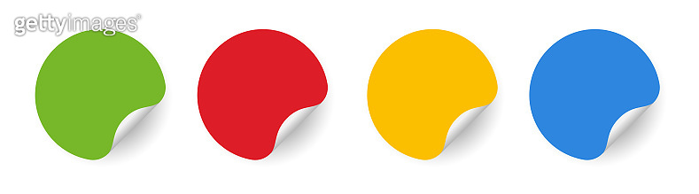 Set of colored Round adhesive stickers with curved corner. Blank mockup ...