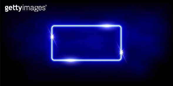 Glowing neon blue rectangle with sparkles in fog abstract background ...