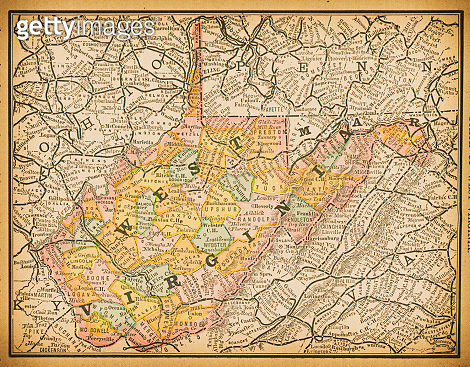 19th century map of West Virginia (1285433710) - 게티이미지뱅크