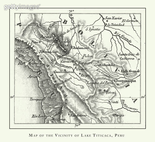 Vintage, Map of the Vicinity of Lake Titicaca, Peru, Volcanoes and ...