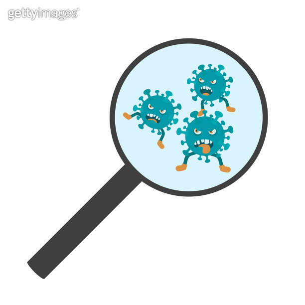Vector cartoon funny illustration on coronavirus cells under magnifying ...