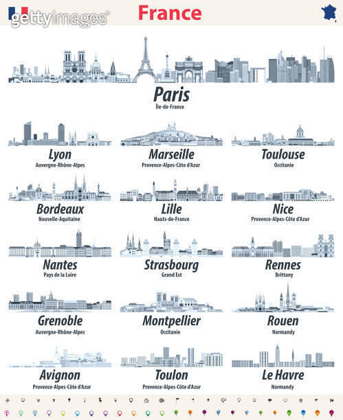 France cities skylines isolated icons in soft blue color palette ...