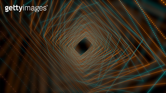 Abstract frame tunnel with rectangles of colorful dotted lines on black ...