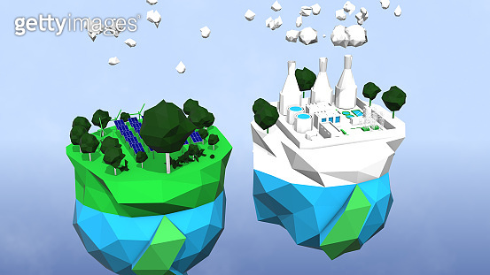 3d rendering of two magic tropical islands with trees flying above the ...