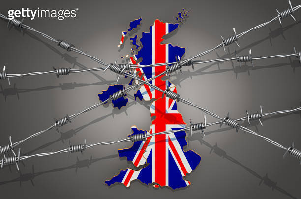 Map of the United Kingdom with barbed wire, 3D rendering on grey ...