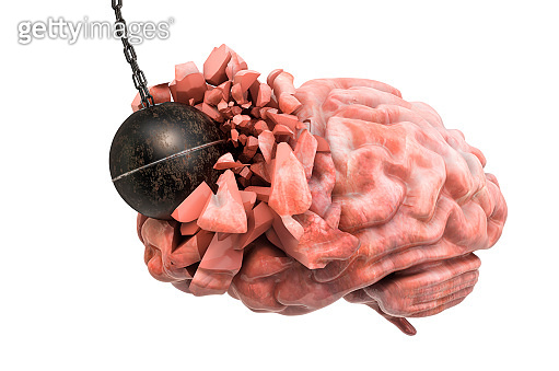 Brain destroying by wrecking ball. Pain in head, brain disease concept ...