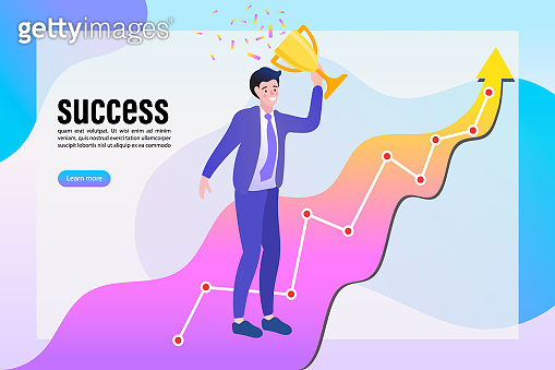 Successful businessman holds the gold trophy on graph. Winning of ...