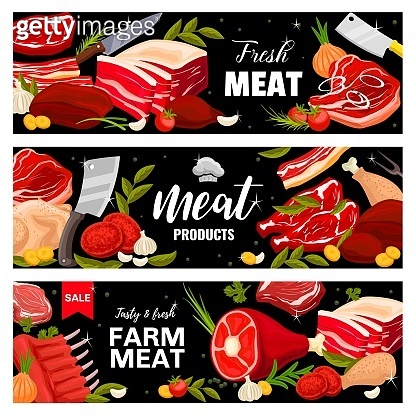 Meat food of butcher shop banners with beef, pork (1252804779) 일러스트, 무료 ...