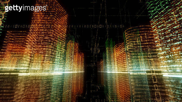 3D rendering of abstract virtual city inside a computer system ...