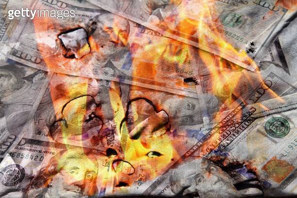 USA currency on fire, burning through cash concept 이미지 (1227866113 ...