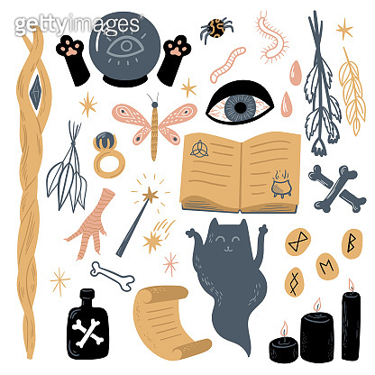 Vector magic collection with witchcraft and occultism symbols. Staff ...