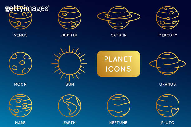 Vector set of linear icons related to planets of solar system. Mono ...