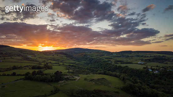Aerial View of Sunset Over a Valley and Woodland in North Wicklow 이미지 ...