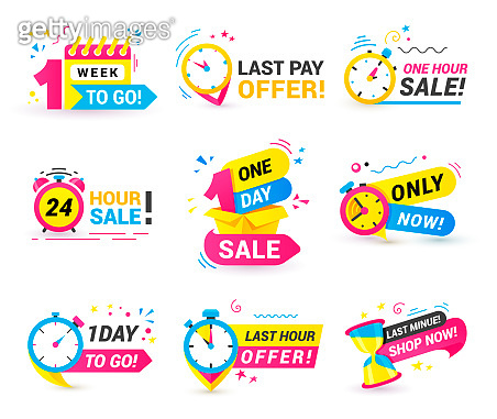 Countdown badges set. One hour, day sale, 1 week to go, last pay offer ...