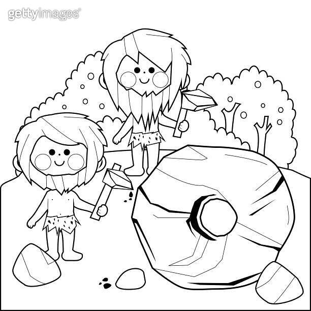 Cavemen inventing the wheel. Vector black and white coloring page 이미지 ...