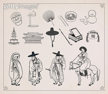 Set of Korean traditional objects. People wearing Korean traditional ...