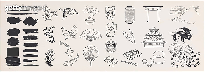 Japanese doodle set. Japanese traditional design elements. Hand drawn ...