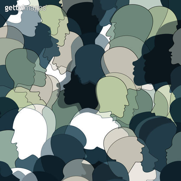Seamless pattern of crowd of many different people profile heads ...